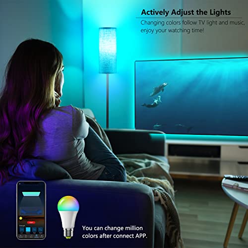 NUÜR Floor Lamp for Living Room, Bedroom, Office, 68 Inch Modern Black LED Standing Floor Lamp with 2 Linen Lampshades & Stepless Dimming Color Temperature, Connect to App & Sync Music & TV