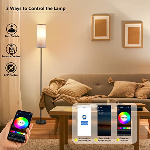 NUÜR Floor Lamp for Living Room, Bedroom, Office, 68 Inch Modern Black LED Standing Floor Lamp with 2 Linen Lampshades & Stepless Dimming Color Temperature, Connect to App & Sync Music & TV