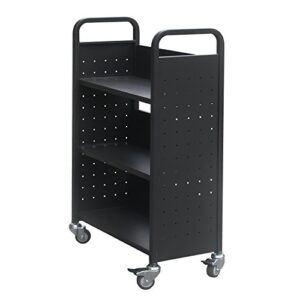 heavy duty book carts with 3 single-sided book shelves, rolling book storage rack with lockable wheels 200lbs capacity (black)