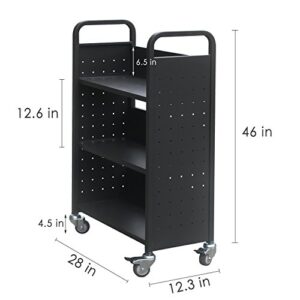 Heavy Duty Book Carts with 3 Single-Sided Book Shelves, Rolling Book Storage Rack with Lockable Wheels 200lbs Capacity (Black)