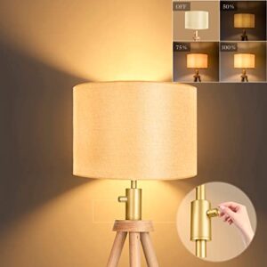 Dimmable Tripod Floor Lamp, Mid Century Standing Lamp with 0%-100% Brightness LED Bulb Beige Linen Drum Shade, E26 Socket, Bedside Lamp, Wooden Floor Lamp for Living Room, Bedroom, Office