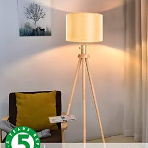 Dimmable Tripod Floor Lamp, Mid Century Standing Lamp with 0%-100% Brightness LED Bulb Beige Linen Drum Shade, E26 Socket, Bedside Lamp, Wooden Floor Lamp for Living Room, Bedroom, Office