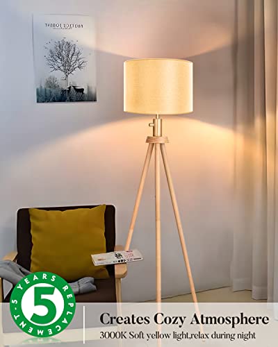 Dimmable Tripod Floor Lamp, Mid Century Standing Lamp with 0%-100% Brightness LED Bulb Beige Linen Drum Shade, E26 Socket, Bedside Lamp, Wooden Floor Lamp for Living Room, Bedroom, Office