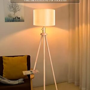 Dimmable Tripod Floor Lamp, Mid Century Standing Lamp with 0%-100% Brightness LED Bulb Beige Linen Drum Shade, E26 Socket, Bedside Lamp, Wooden Floor Lamp for Living Room, Bedroom, Office