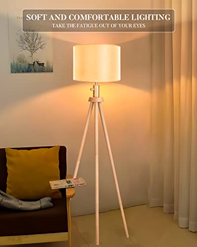 Dimmable Tripod Floor Lamp, Mid Century Standing Lamp with 0%-100% Brightness LED Bulb Beige Linen Drum Shade, E26 Socket, Bedside Lamp, Wooden Floor Lamp for Living Room, Bedroom, Office