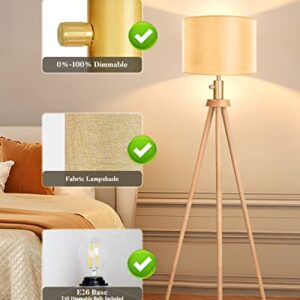 Dimmable Tripod Floor Lamp, Mid Century Standing Lamp with 0%-100% Brightness LED Bulb Beige Linen Drum Shade, E26 Socket, Bedside Lamp, Wooden Floor Lamp for Living Room, Bedroom, Office