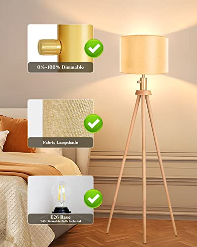 Dimmable Tripod Floor Lamp, Mid Century Standing Lamp with 0%-100% Brightness LED Bulb Beige Linen Drum Shade, E26 Socket, Bedside Lamp, Wooden Floor Lamp for Living Room, Bedroom, Office