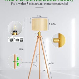 Dimmable Tripod Floor Lamp, Mid Century Standing Lamp with 0%-100% Brightness LED Bulb Beige Linen Drum Shade, E26 Socket, Bedside Lamp, Wooden Floor Lamp for Living Room, Bedroom, Office