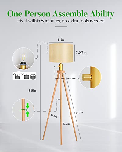 Dimmable Tripod Floor Lamp, Mid Century Standing Lamp with 0%-100% Brightness LED Bulb Beige Linen Drum Shade, E26 Socket, Bedside Lamp, Wooden Floor Lamp for Living Room, Bedroom, Office