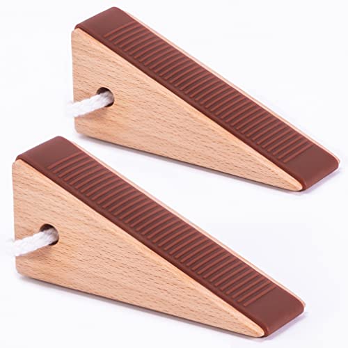 WEYON Wooden Door Stopper for Bottom of Door, with Antiskid Silicone Band and Hanging Rope, Fitting for Door Gap Under 2 Inches, 2 Pack Brown.