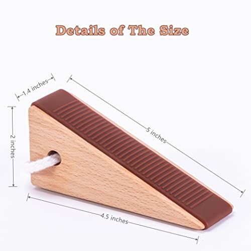 WEYON Wooden Door Stopper for Bottom of Door, with Antiskid Silicone Band and Hanging Rope, Fitting for Door Gap Under 2 Inches, 2 Pack Brown.