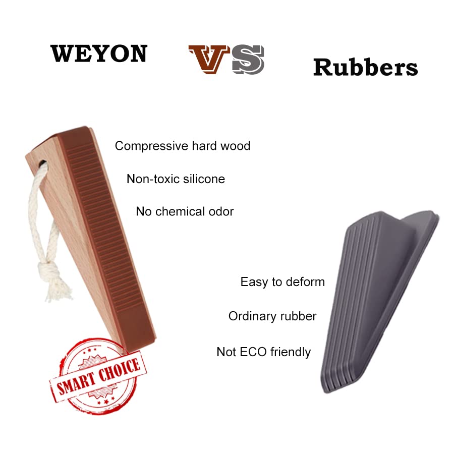 WEYON Wooden Door Stopper for Bottom of Door, with Antiskid Silicone Band and Hanging Rope, Fitting for Door Gap Under 2 Inches, 2 Pack Brown.