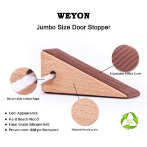 WEYON Wooden Door Stopper for Bottom of Door, with Antiskid Silicone Band and Hanging Rope, Fitting for Door Gap Under 2 Inches, 2 Pack Brown.