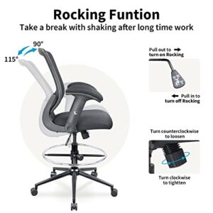 LONGBOSS Ergonomic Drafting Chair, Tall Office Chair Computer Desk Chair Standing Desk Stool with Adjustable Foot Ring and Flip-Up Arms (Black)