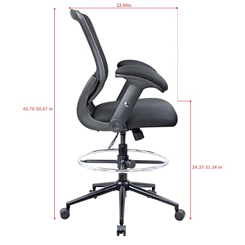 LONGBOSS Ergonomic Drafting Chair, Tall Office Chair Computer Desk Chair Standing Desk Stool with Adjustable Foot Ring and Flip-Up Arms (Black)