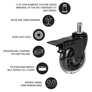 Office Chair Caster Wheels with Brakes-Set of 5 Heavy Duty 3" Office Chair Replacement Wheels-Smooth&Safe for Floors-Universal Fit for Aeron,Mid-Back Office Chair