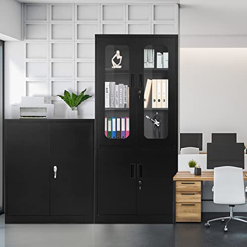 INTERGREAT Locking Metal Cabinet with Lock, Tall Office Storage Cabinet with Glass Door, Lockable Black Steel Cabinet with 3 Adjustable Shelves for Home, Clinic, Pantry, Basement, (72”x 36” x18”)