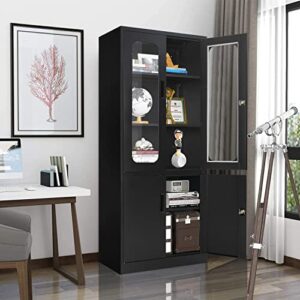 INTERGREAT Locking Metal Cabinet with Lock, Tall Office Storage Cabinet with Glass Door, Lockable Black Steel Cabinet with 3 Adjustable Shelves for Home, Clinic, Pantry, Basement, (72”x 36” x18”)