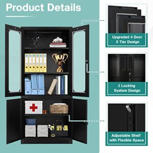 INTERGREAT Locking Metal Cabinet with Lock, Tall Office Storage Cabinet with Glass Door, Lockable Black Steel Cabinet with 3 Adjustable Shelves for Home, Clinic, Pantry, Basement, (72”x 36” x18”)