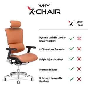 X-Chair X4 High End Executive Chair, Brown Leather with Headrest - Ergonomic Office Seat/Dynamic Variable Lumbar Support/Floating Recline/Stunning Aesthetic/Adjustable/Perfect for Office or Boardroom