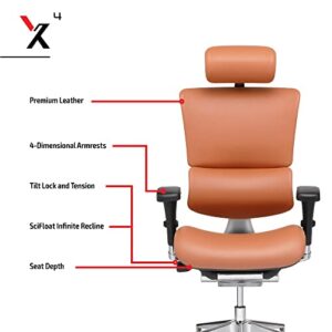 X-Chair X4 High End Executive Chair, Brown Leather with Headrest - Ergonomic Office Seat/Dynamic Variable Lumbar Support/Floating Recline/Stunning Aesthetic/Adjustable/Perfect for Office or Boardroom