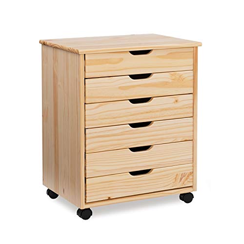 Linon Callie Multipurpose Six Drawer Dresser Wide Wood Rolling File Cabinet Storage Cart in Natural