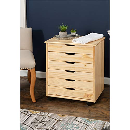 Linon Callie Multipurpose Six Drawer Dresser Wide Wood Rolling File Cabinet Storage Cart in Natural