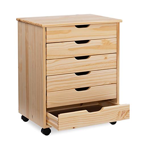 Linon Callie Multipurpose Six Drawer Dresser Wide Wood Rolling File Cabinet Storage Cart in Natural