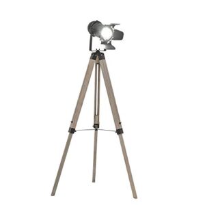 HOMCOM Industrial Style Tripod Floor Lamp, Vintage Spotlight Reading Lamp with Wooden Metal Legs, Wood and Black