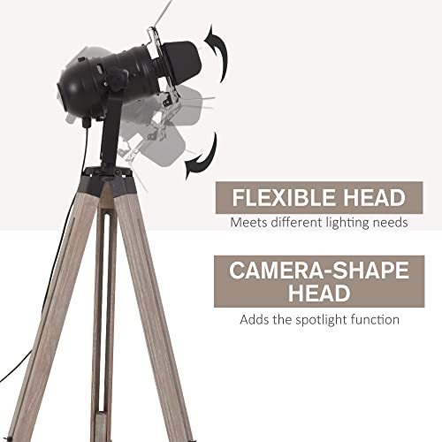 HOMCOM Industrial Style Tripod Floor Lamp, Vintage Spotlight Reading Lamp with Wooden Metal Legs, Wood and Black