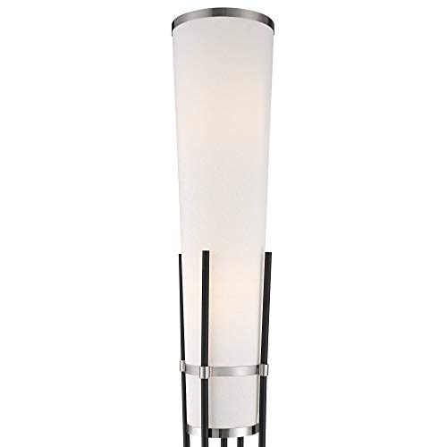 Possini Euro Design Flute Modern Torchiere Floor Lamp Standing 64" Sleek Satin Black Brushed Nickel Metal Tall White Tapering Cone Linen Shade for Living Room Reading House Bedroom Home Office