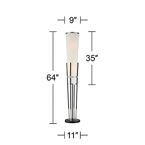 Possini Euro Design Flute Modern Torchiere Floor Lamp Standing 64" Sleek Satin Black Brushed Nickel Metal Tall White Tapering Cone Linen Shade for Living Room Reading House Bedroom Home Office