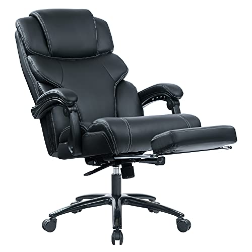 KCREAM High Back 400LBS Leather Executive Chair Reclining Office Chair with Footrest Heavy Duty Metal Base & Linkage Armrests Computer Task Chair 360° Swivel Leather Executive Desk Chair (Black)