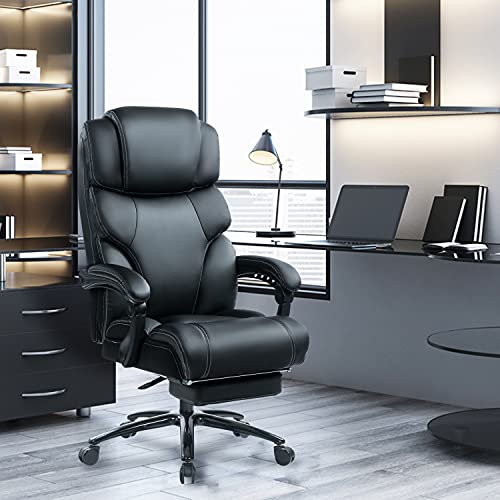 KCREAM High Back 400LBS Leather Executive Chair Reclining Office Chair with Footrest Heavy Duty Metal Base & Linkage Armrests Computer Task Chair 360° Swivel Leather Executive Desk Chair (Black)