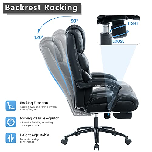 KCREAM High Back 400LBS Leather Executive Chair Reclining Office Chair with Footrest Heavy Duty Metal Base & Linkage Armrests Computer Task Chair 360° Swivel Leather Executive Desk Chair (Black)