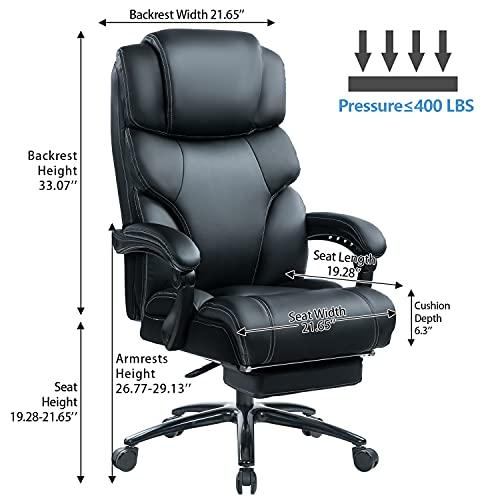 KCREAM High Back 400LBS Leather Executive Chair Reclining Office Chair with Footrest Heavy Duty Metal Base & Linkage Armrests Computer Task Chair 360° Swivel Leather Executive Desk Chair (Black)