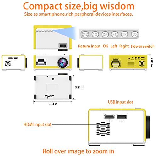 1080p HD Projector, Portable Mini Movie Projector Built-in Speaker, Home Theater Video Projector Compatible with HDMI, VGA, USB, Laptop Computer Small Projectors (Yellow/White)