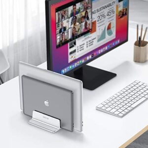 OMOTON Laptop Vertical Stand, Aluminum Dual Vertical Stand Holder with Two Adjustable Slots, Compatible with Samsung/Microsoft Surface/HP/Dell/Chrome Book, Up to 17.3 Inches (Silver)