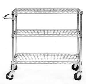 trinity ecostorage heavy duty 3 tier rolling cart for kitchen organization, garage storage, commercial and industrial use, nsf certified, 800 pound capacity, 40.25” by 36” by 18”, chrome