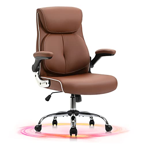 YAMASORO Ergonomic Office Chair High Back Comfortable Desk Chairs with Wheels and Flip-up Arms Leather Computer Chairs with Lumbar Support,Brown…