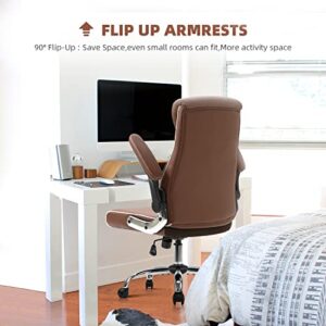 YAMASORO Ergonomic Office Chair High Back Comfortable Desk Chairs with Wheels and Flip-up Arms Leather Computer Chairs with Lumbar Support,Brown…