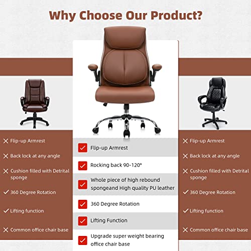 YAMASORO Ergonomic Office Chair High Back Comfortable Desk Chairs with Wheels and Flip-up Arms Leather Computer Chairs with Lumbar Support,Brown…