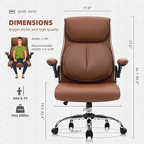 YAMASORO Ergonomic Office Chair High Back Comfortable Desk Chairs with Wheels and Flip-up Arms Leather Computer Chairs with Lumbar Support,Brown…