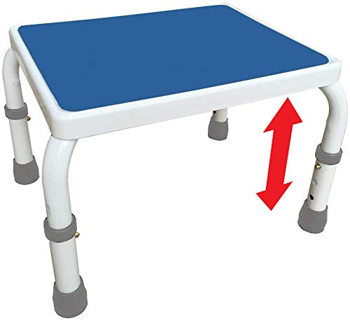 AdjustaStep Height Adjustable Step Stool- All Steel Construction, Anti-Slip Foot Pads and Platform. Bariatric Version Option. Modern White and Blue Finish.