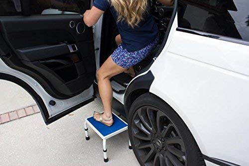 AdjustaStep Height Adjustable Step Stool- All Steel Construction, Anti-Slip Foot Pads and Platform. Bariatric Version Option. Modern White and Blue Finish.