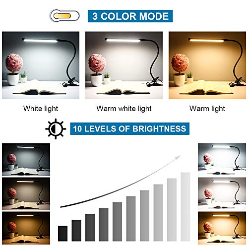 Qooltek Flexible Clip Desk Lamp Reading Light with 3 Color & 10 Brightness, Auto-Off & Memory Function, Clip on Light for Piano, Reading, Working, Relaxing Black