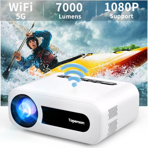 Toperson 5G WiFi Mini Home Video Projector, 1080P Support 7000LM 200'' Portable Movie Theater Projector for iPhone Android Smartphone, TV Stick, USB, HDMI, Xbox, PS4, Laptop, Tablet, PC