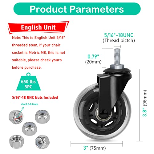 Hirate 3" Office Chair Casters Wheel with 5/16"-18UNC Threaded Stem Heavy Duty Caster Replacement Smooth Rolling for Hardwood Floors, Set of 5 with Nylon Lock Nuts