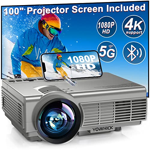 5G WiFi Bluetooth Projector, Native 1080P 8500L YOWHICK Outdoor Projector 4K Support, Mini Portable Movie Projector with Screen, for HDMI, VGA, USB, Laptop, iOS & Android Phone