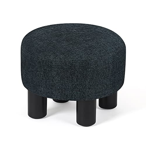 Joveco Foot Stool Small Round Ottoman, Linen Fabric Footrest with Non-Skid Plastic Legs, Pet Step Stool Padded Foot Rest for Couch Desk Chair Office Living Room Dogs (Blue-Black)